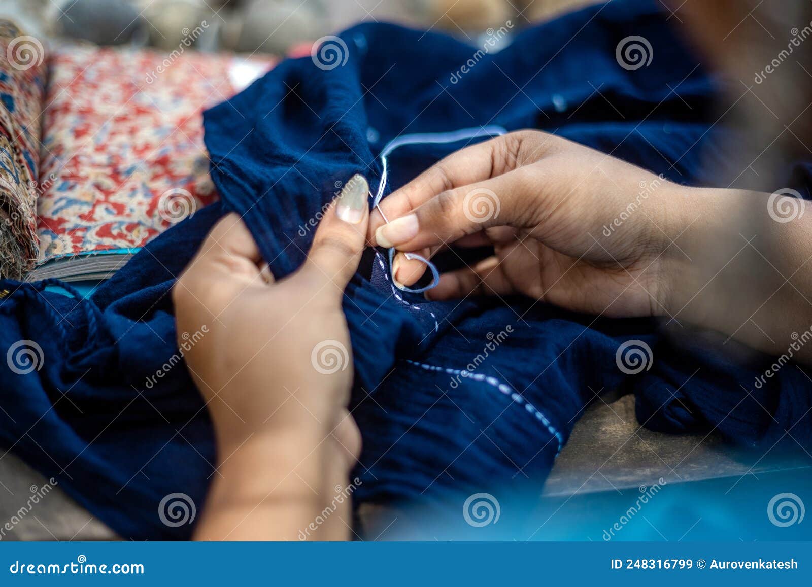 Woman Stitching Cloth Close Up Stock Image - Image of fingers, hand ...