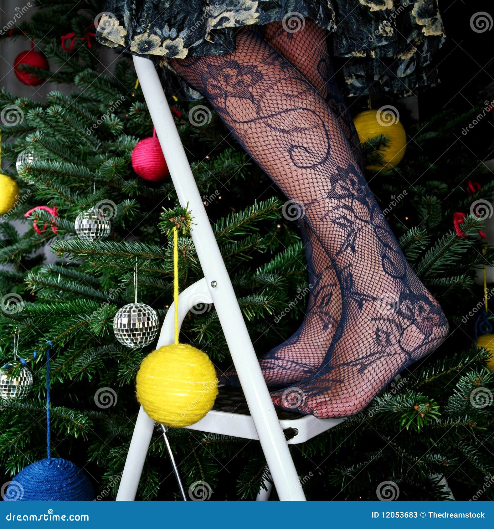 Woman in Stockings Decorating Christmas Tree Stock Image - Image of ...