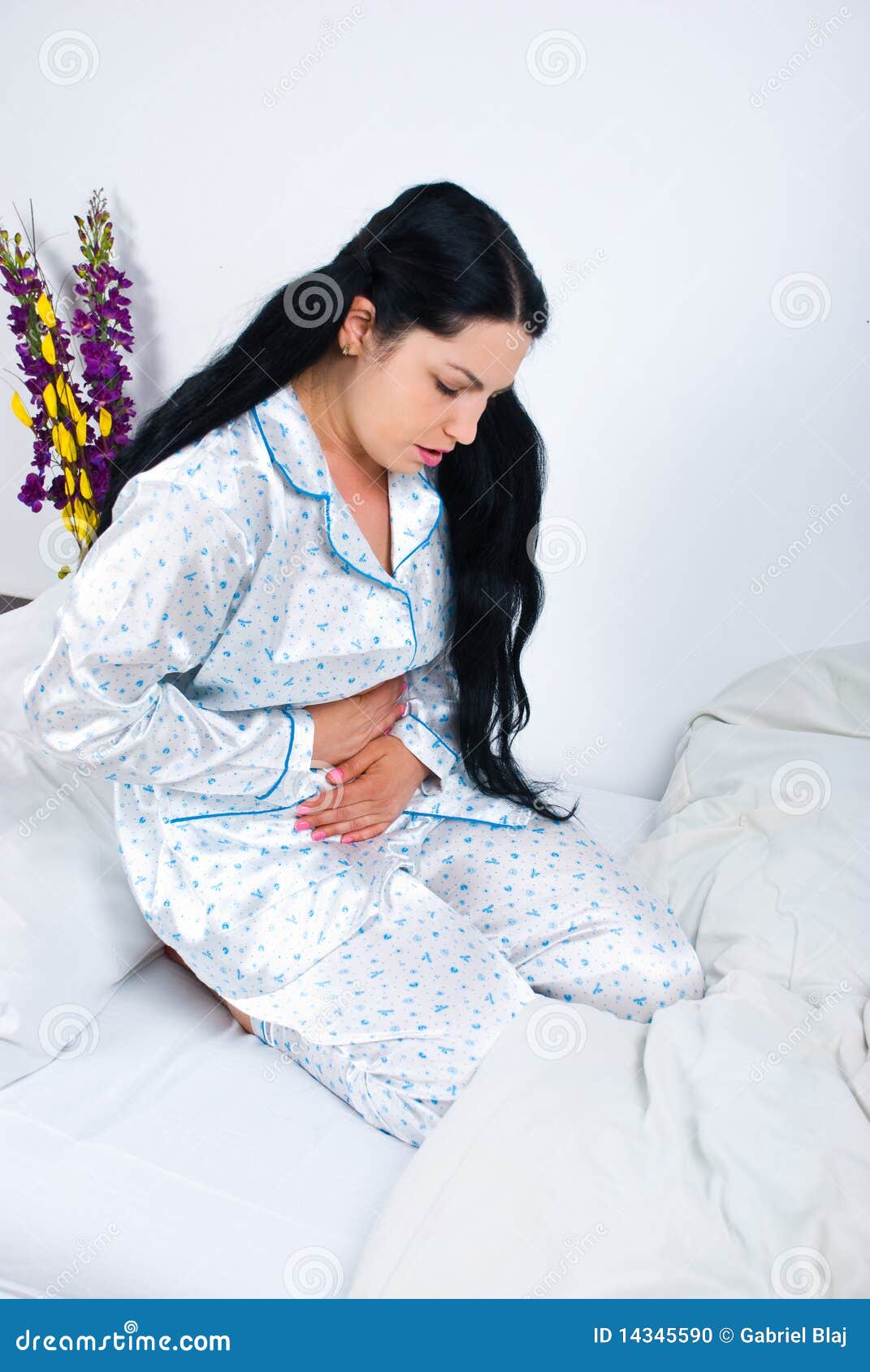 Woman stomach ache stock photo. Image of bedroom, medicine - 14345590