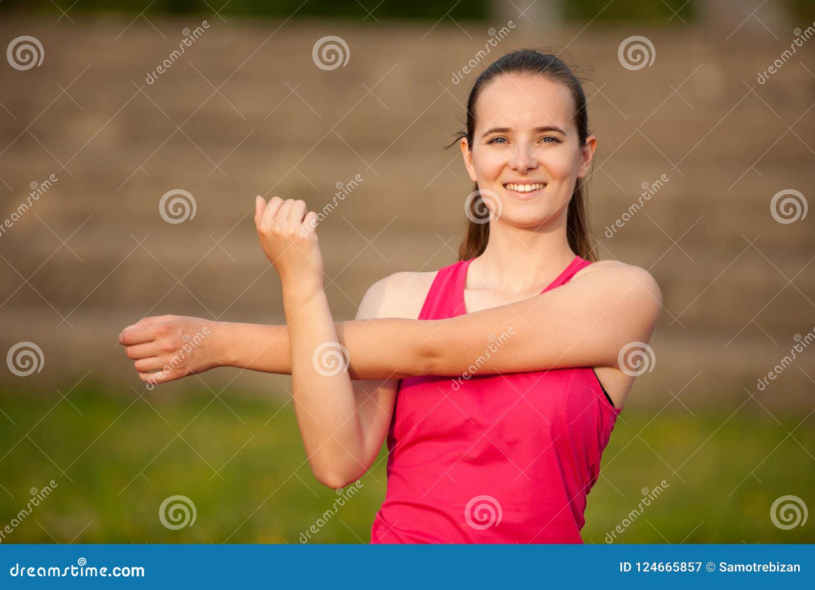 Woman Stretch Arms on Athletic Track Stock Image - Image of stretch ...