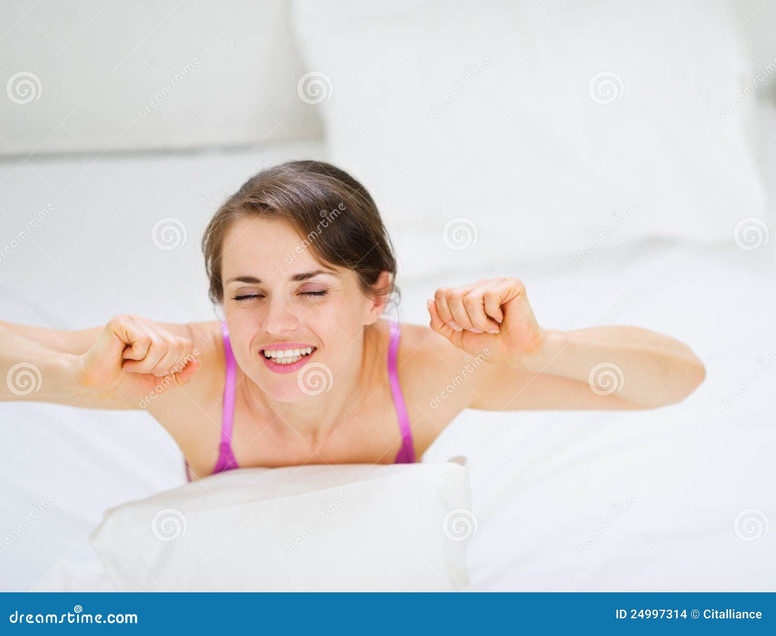 Woman Stretching after Awake Stock Photo - Image of attractive, bedroom ...