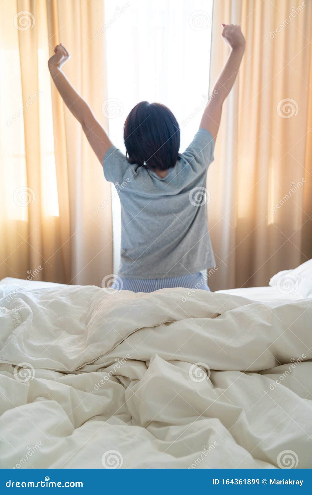 Woman Stretching in Bed after Wake Up, Back View Stock Image - Image of ...