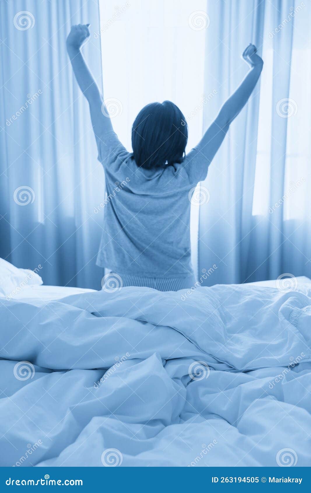 Woman Stretching in Bed after Wake Up, Back View Stock Image - Image of ...