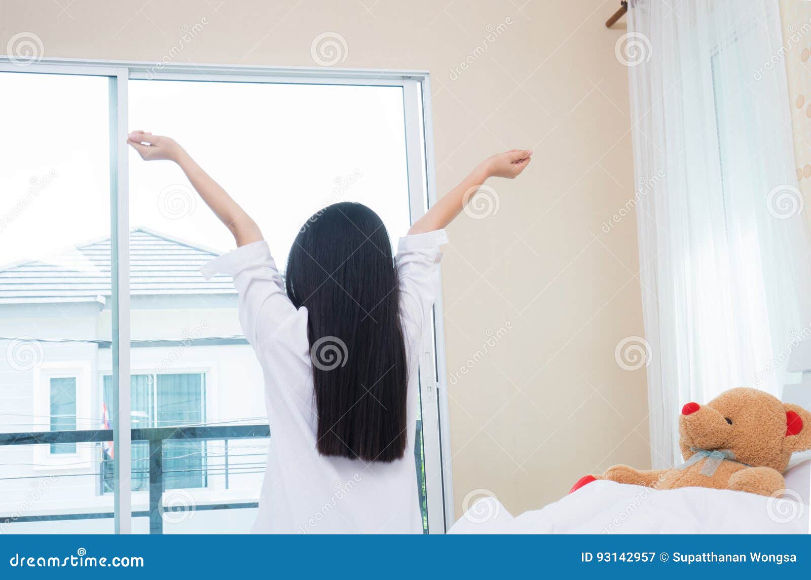 Woman Stretching in Bed after Wake Up, Back View Stock Image - Image of ...