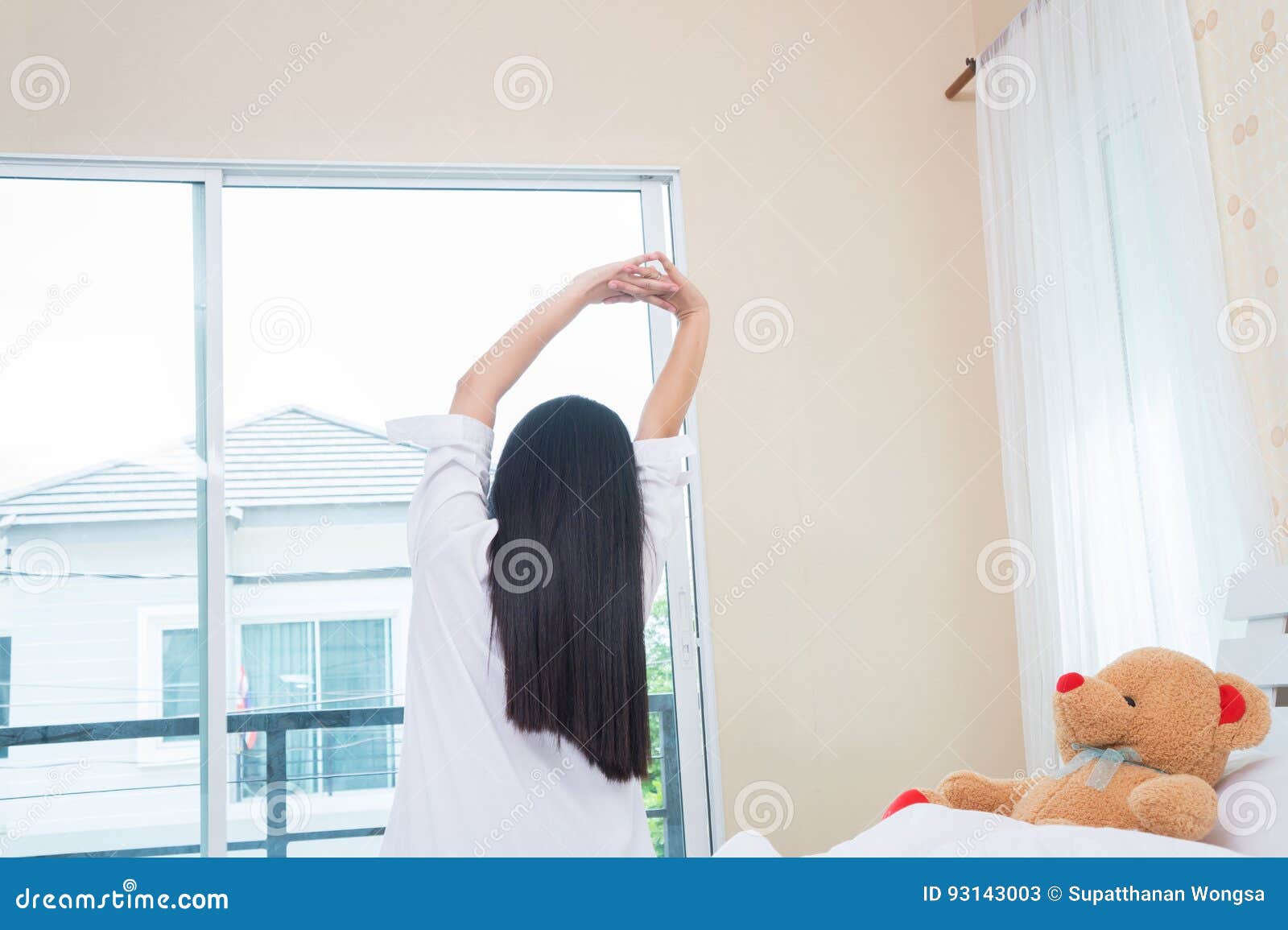 Woman Stretching in Bed after Wake Up, Back View Stock Image - Image of ...