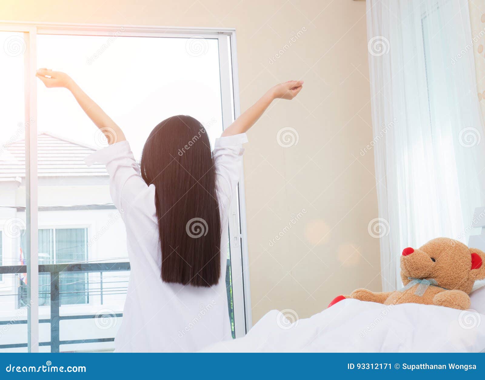 Woman Stretching in Bed after Wake Up, Back View Stock Image - Image of ...