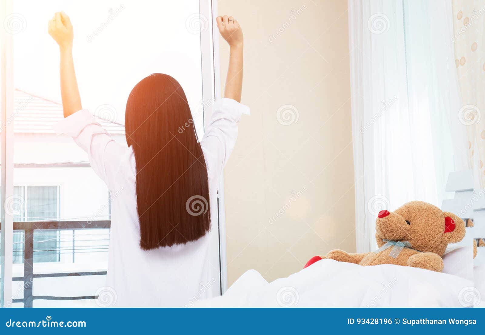 Woman Stretching in Bed after Wake Up, Back View Stock Photo - Image of ...