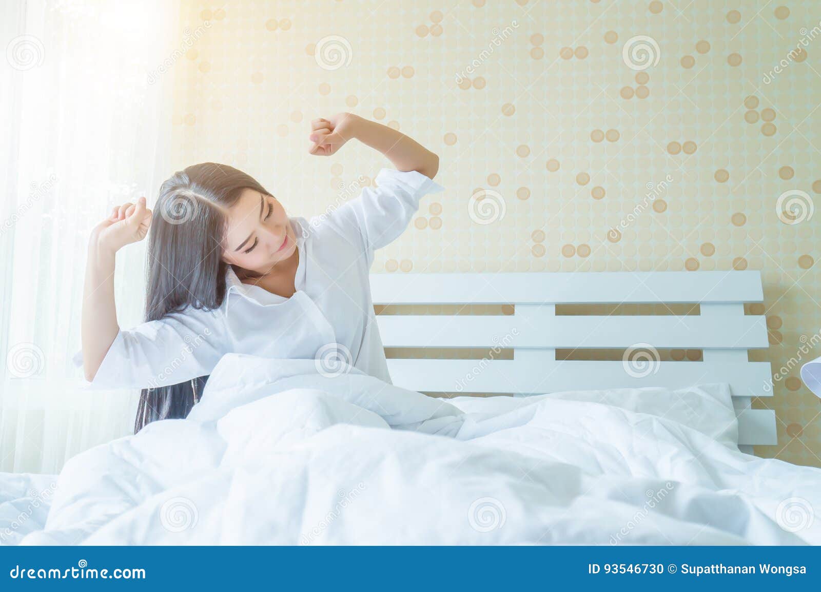 Woman Stretching in Bed after Wake Up, Back View Stock Photo - Image of ...
