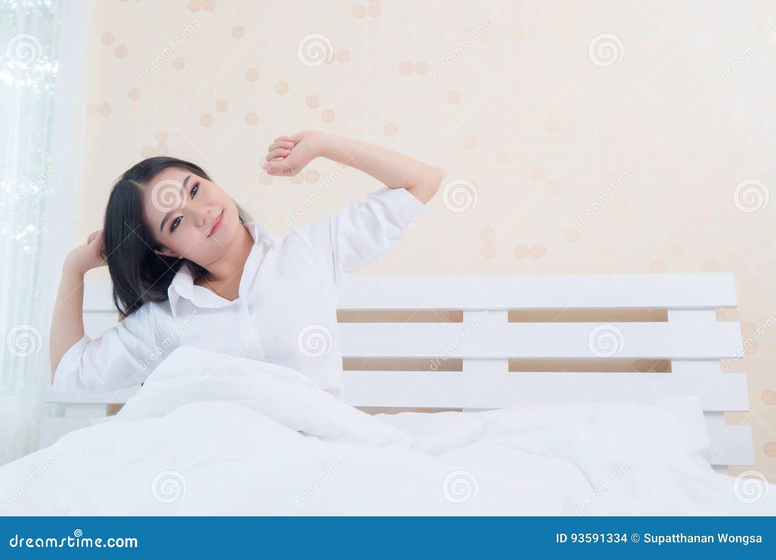 Woman Stretching in Bed after Wake Up, Back View Stock Photo - Image of ...