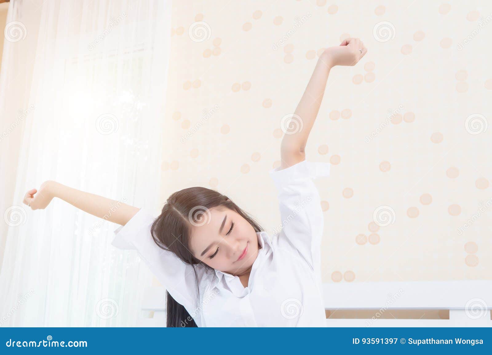 Woman Stretching in Bed after Wake Up, Back View Stock Image - Image of ...