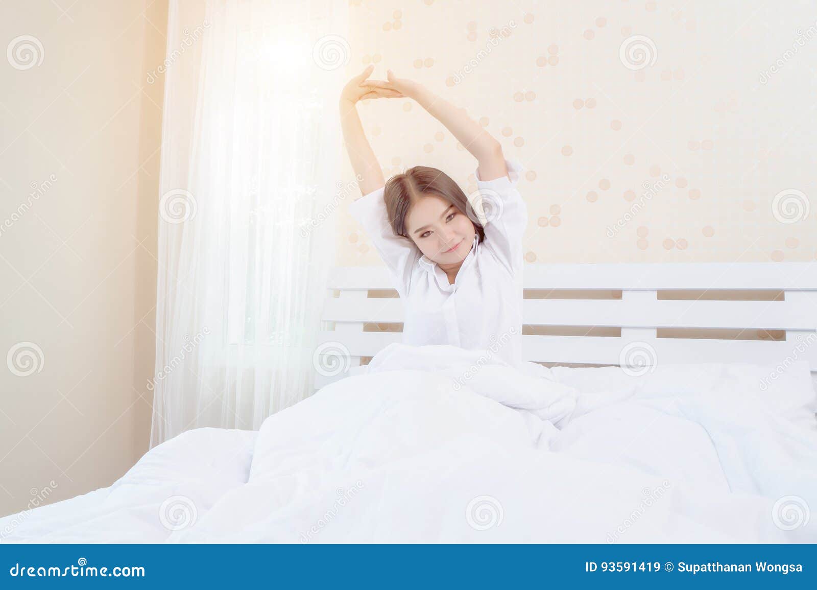Woman Stretching in Bed after Wake Up, Back View Stock Image - Image of ...