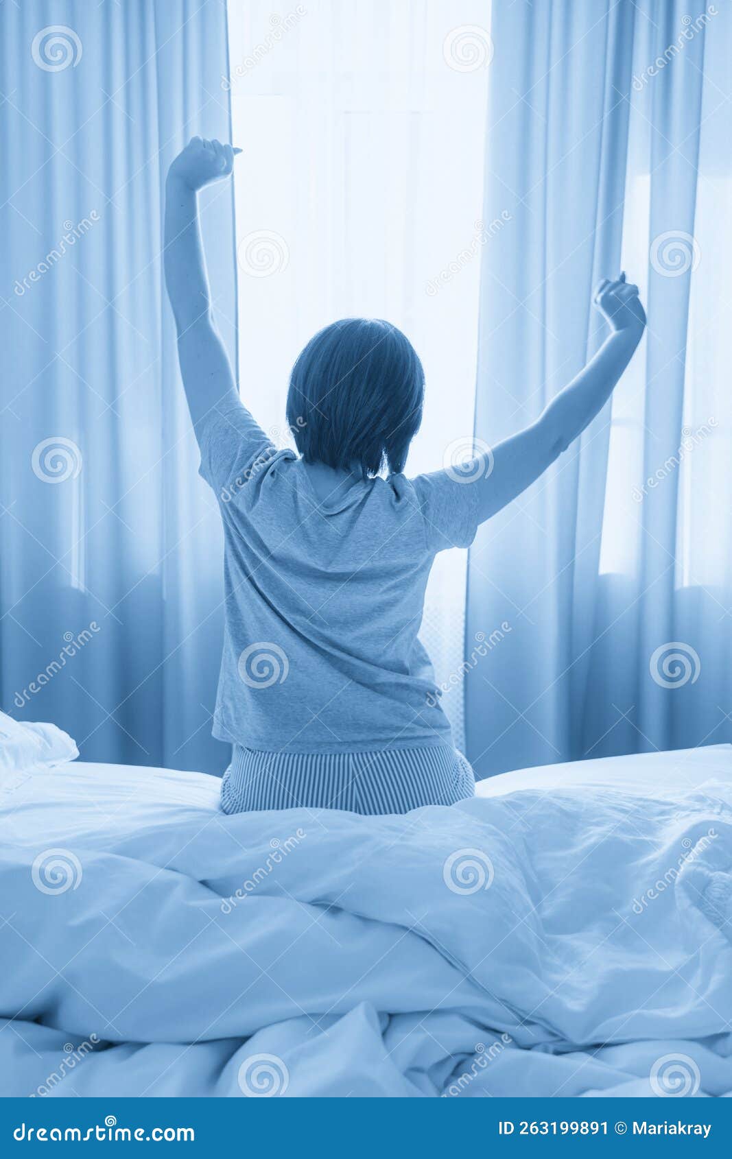 Woman Stretching in Bed after Wake Up, Back View Stock Image - Image of ...