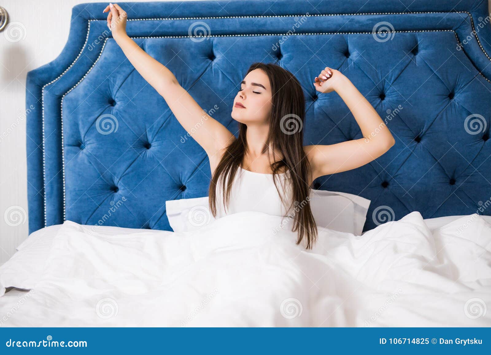 Woman Stretching in Bed after Wake Up in the Morning Stock Image ...