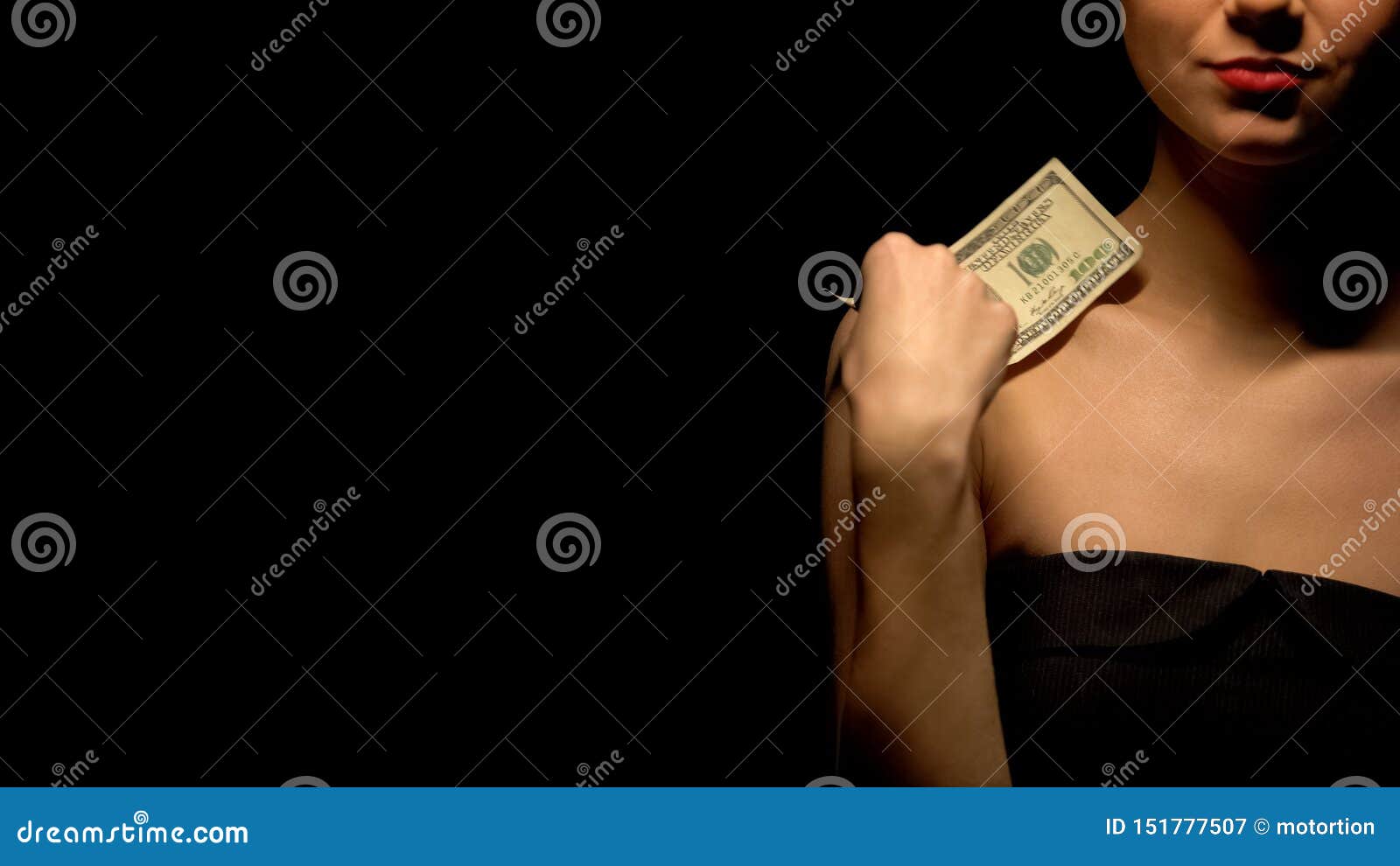 Woman Stroking Her Body With Dollar Banknote Prostitute Tempting