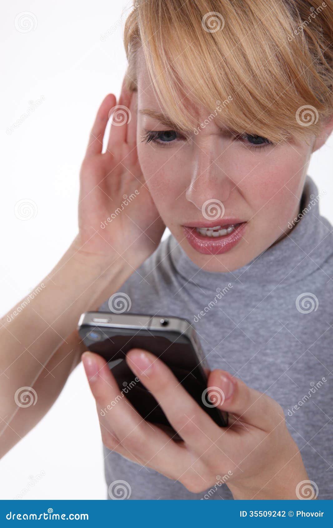 Woman struggling to hear stock photo. Image of head, look - 35509242
