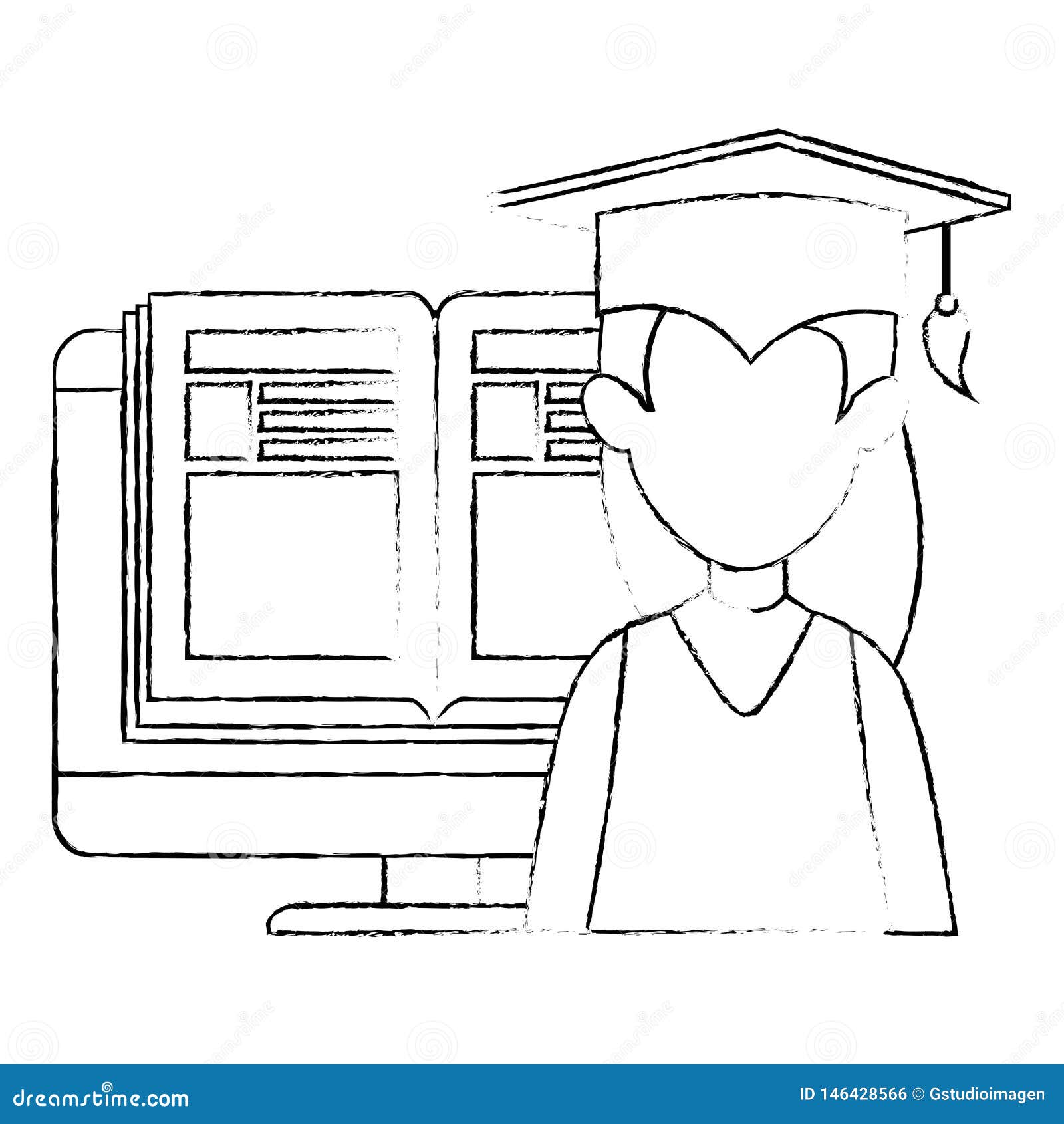 Woman Student Graduated with Computer and Book Stock Illustration ...