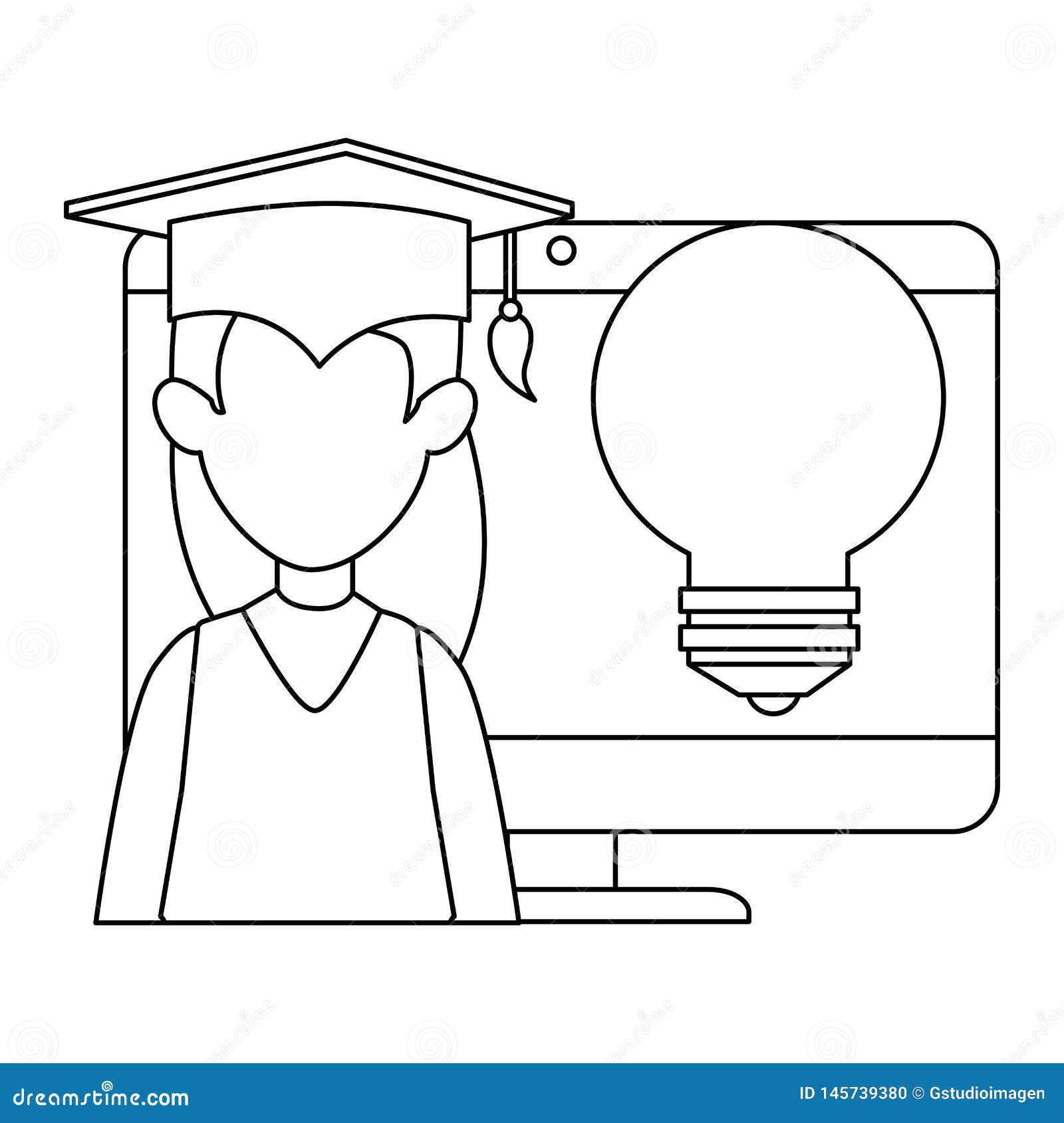 Woman Student Graduated with Computer and Bulb Stock Illustration ...