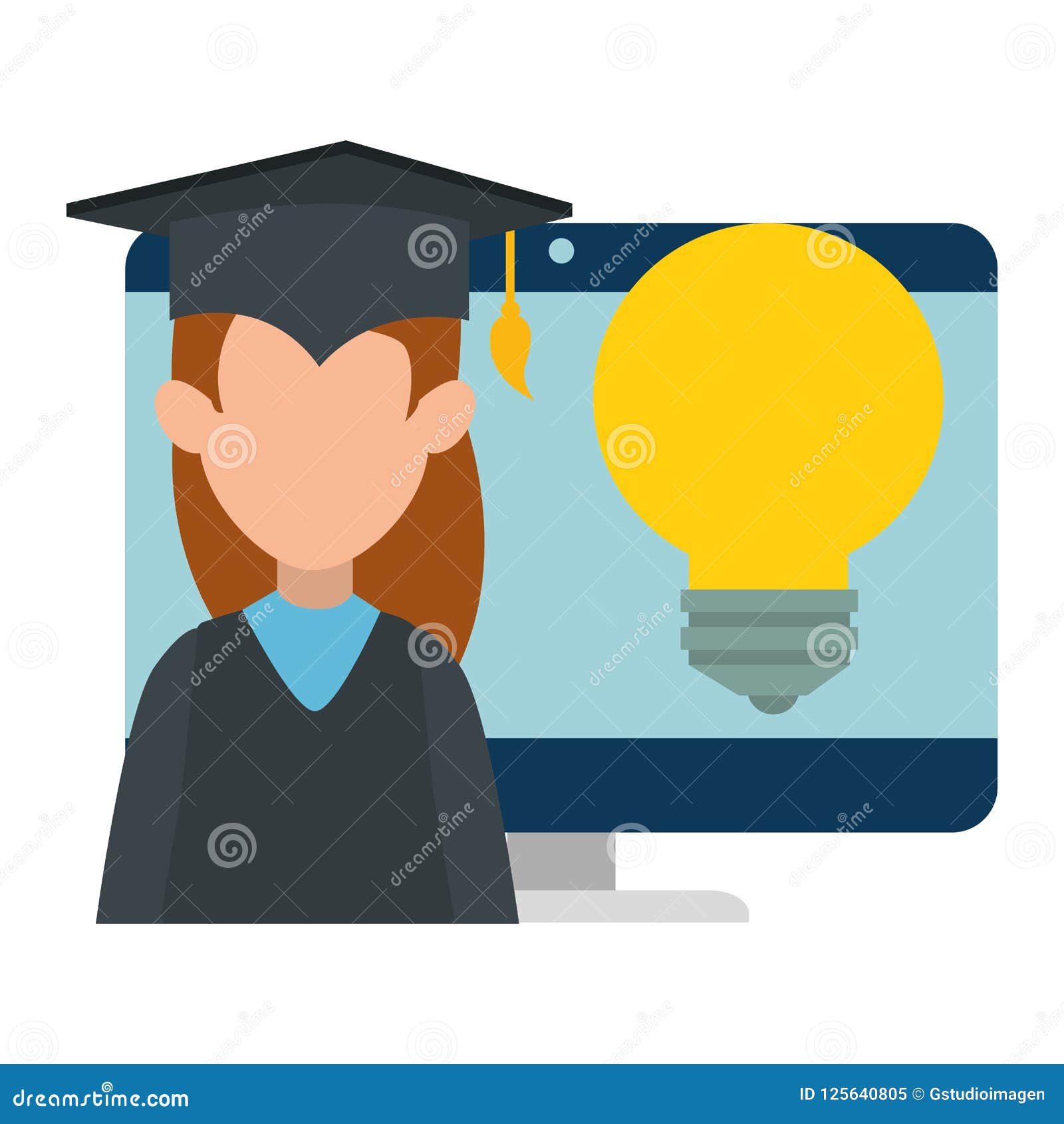 Woman Student Graduated with Computer and Bulb Stock Vector ...