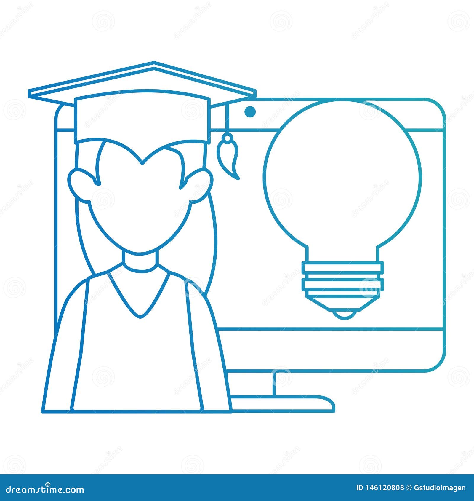 Woman Student Graduated with Computer and Bulb Stock Illustration ...