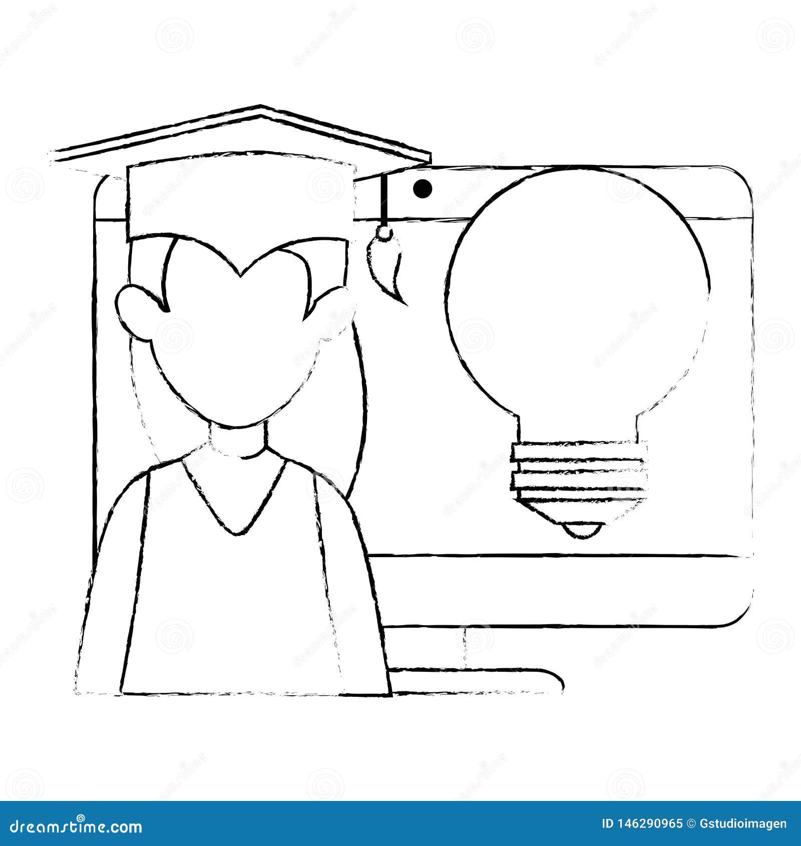 Woman Student Graduated with Computer and Bulb Stock Illustration ...