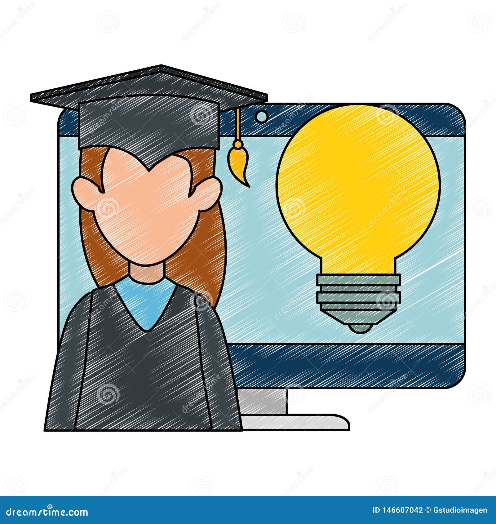 Woman Student Graduated with Computer and Bulb Stock Illustration ...