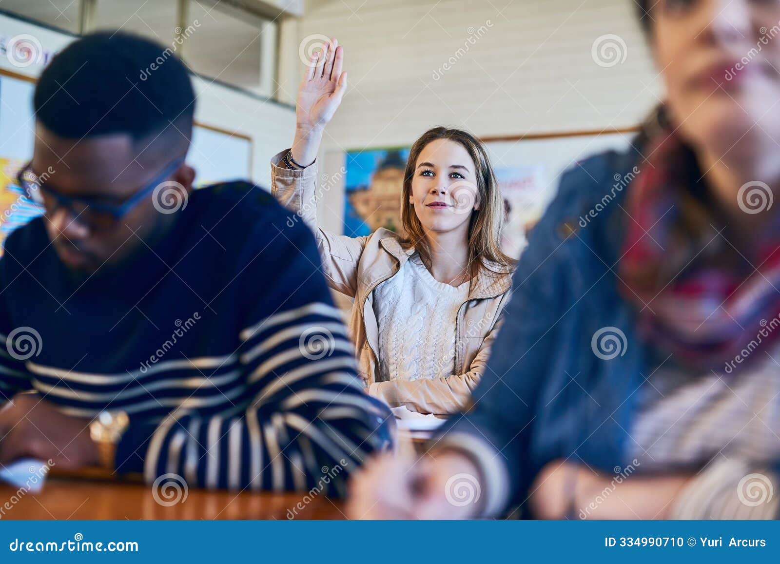 Woman, Student and Hand Raised for Question, Classroom and Happy with ...
