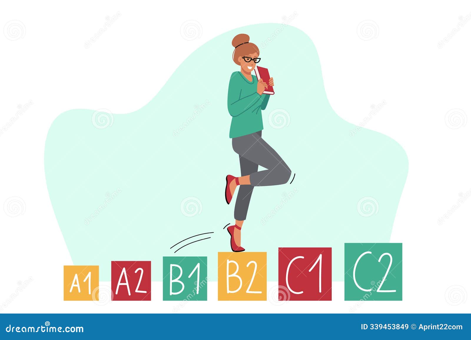 Woman Studies English and Makes Progress, Walking Up Steps Symbolizing ...