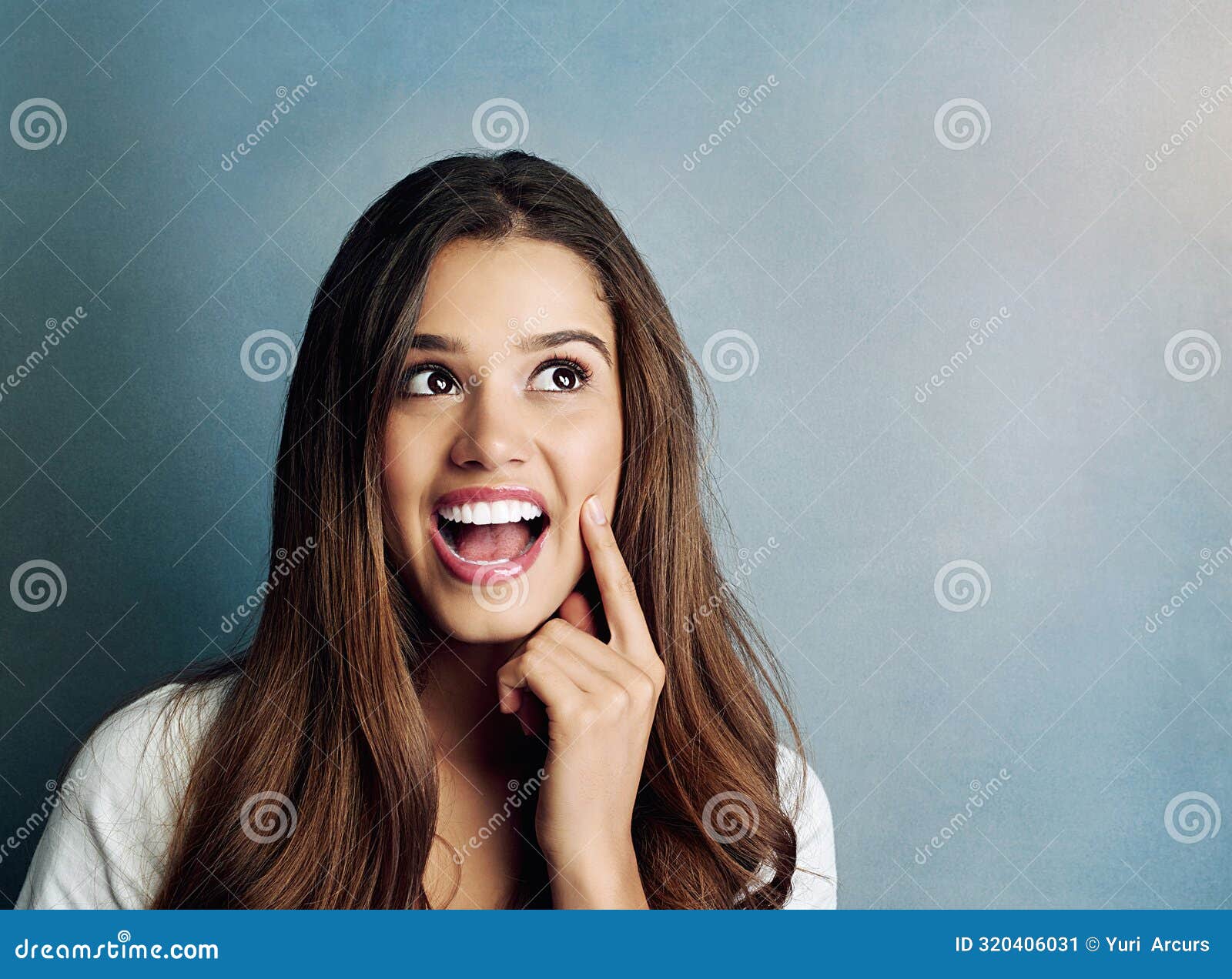 Woman, Studio and Hand for Thinking and Smile, Expression and Happy ...