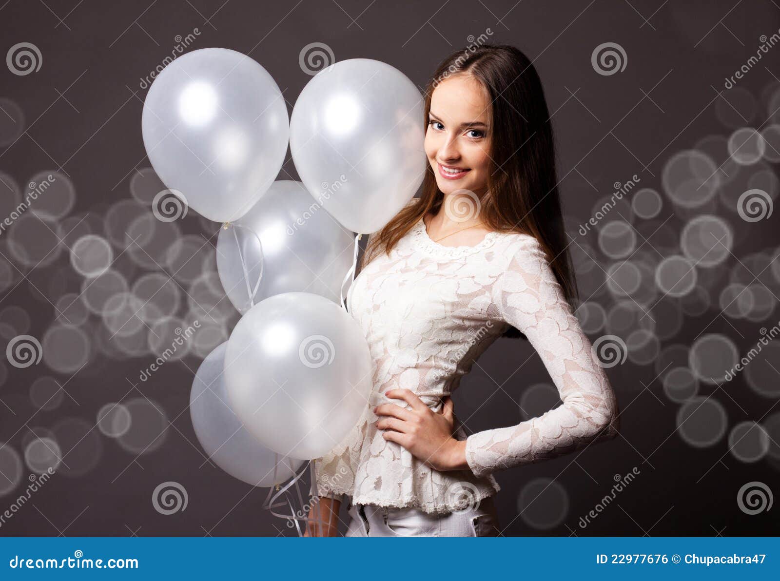 Woman in Studio with White Balloons Stock Photo - Image of birthday ...