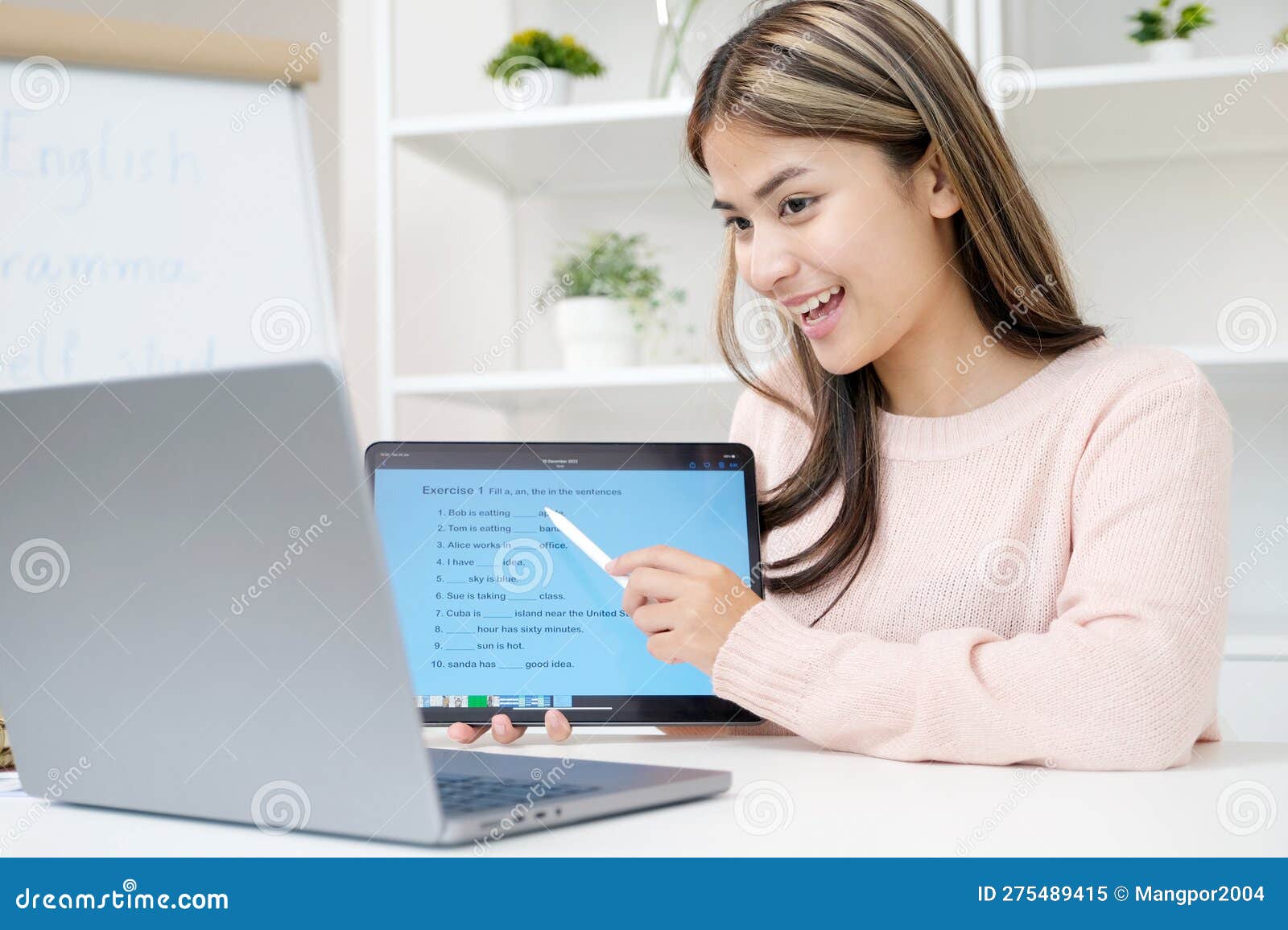 Woman Study English Language Online by Laptop Computer, Learning Online ...