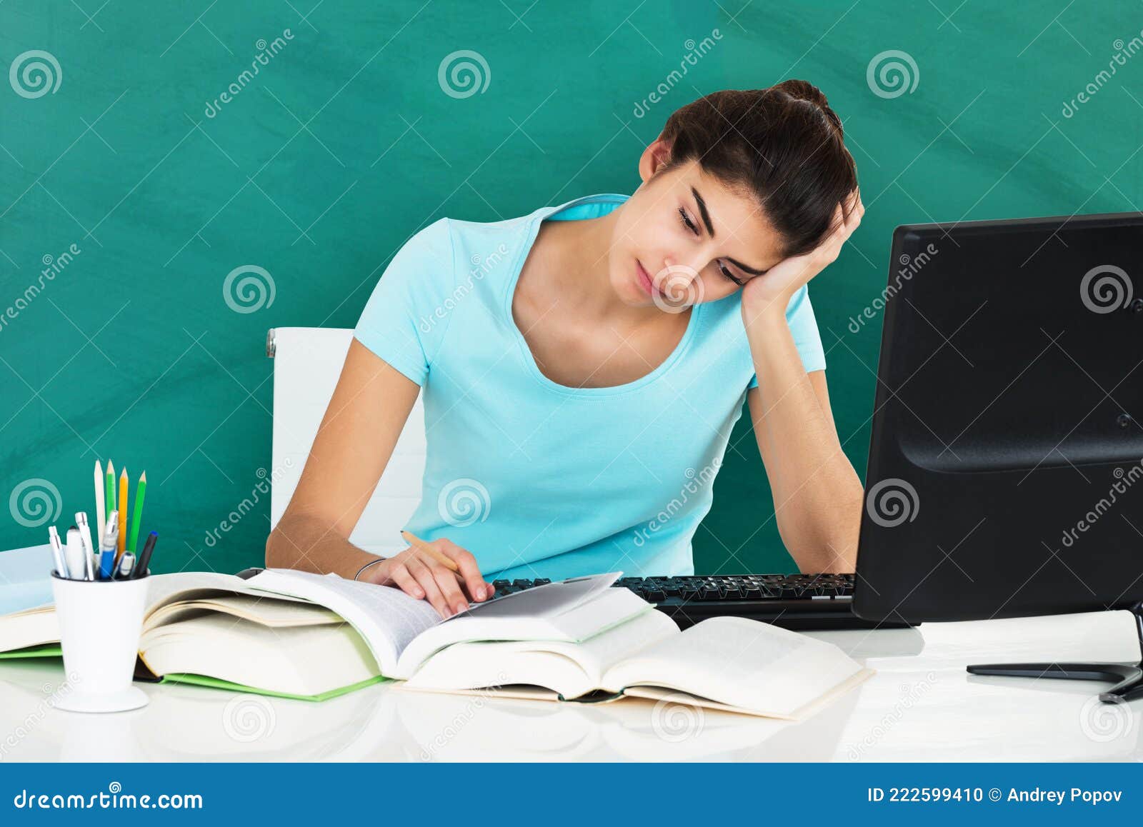 Woman Studying on Desk in Classroom Stock Photo - Image of desk, exam ...