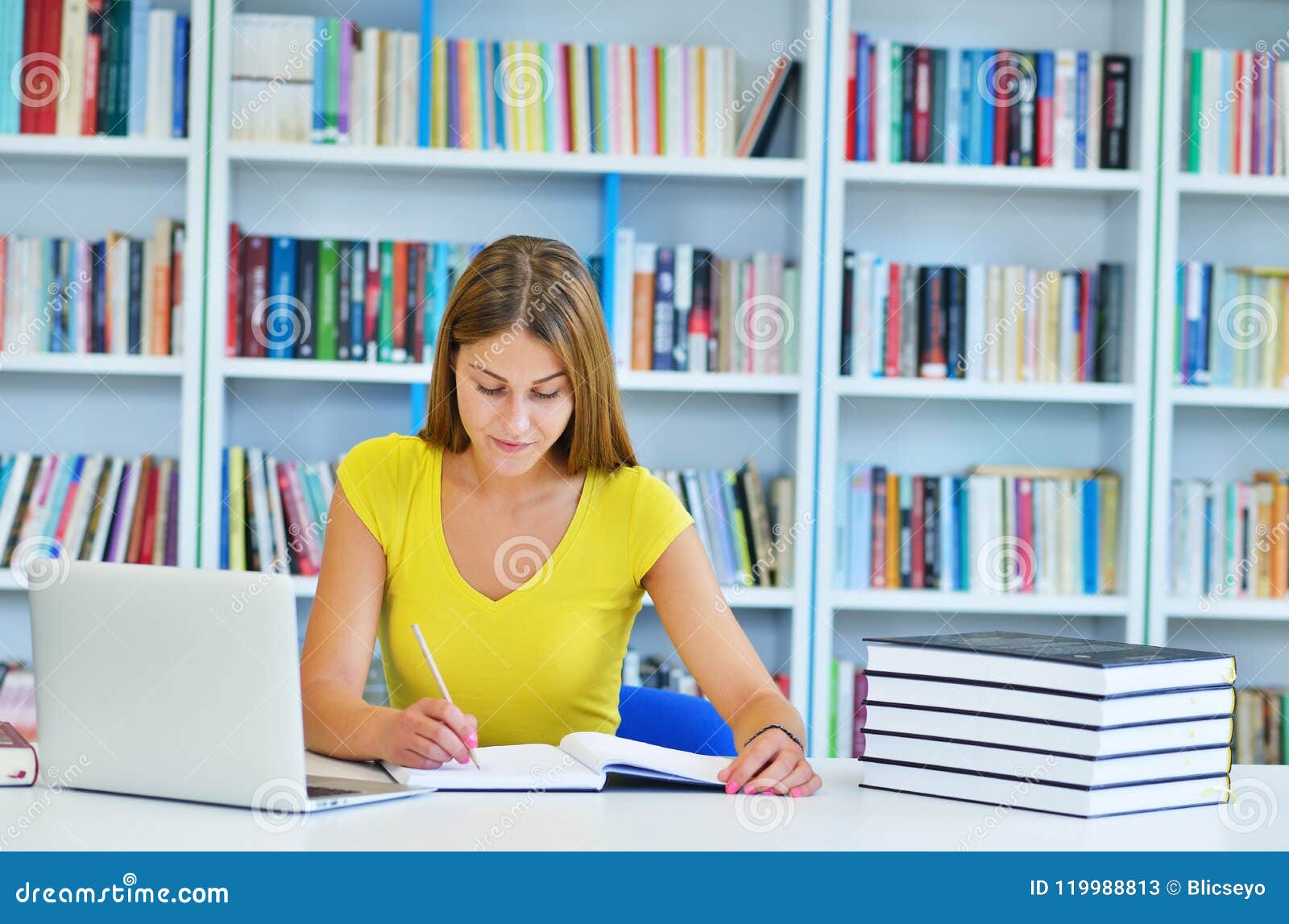 Woman Studying in the Library Stock Image - Image of book, girl: 119988813