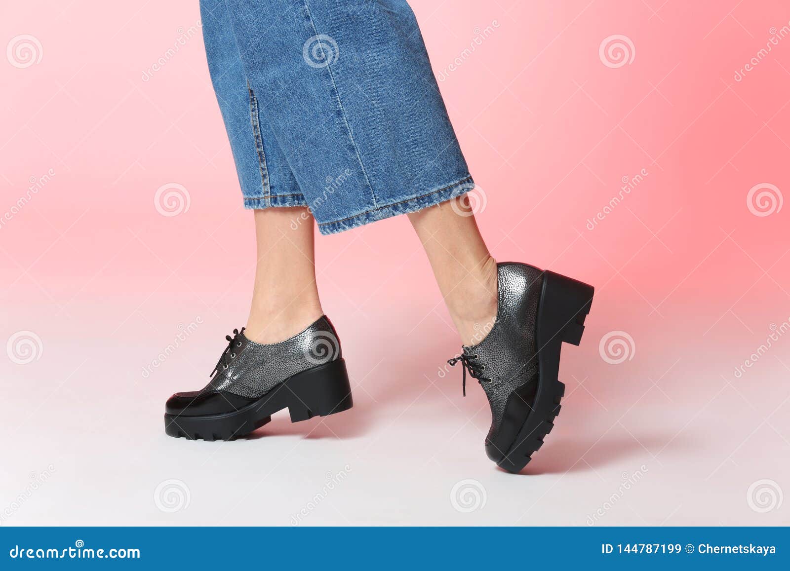 Woman In Stylish Shoes On Color Background Stock Image Image Of Color Casual 144787199