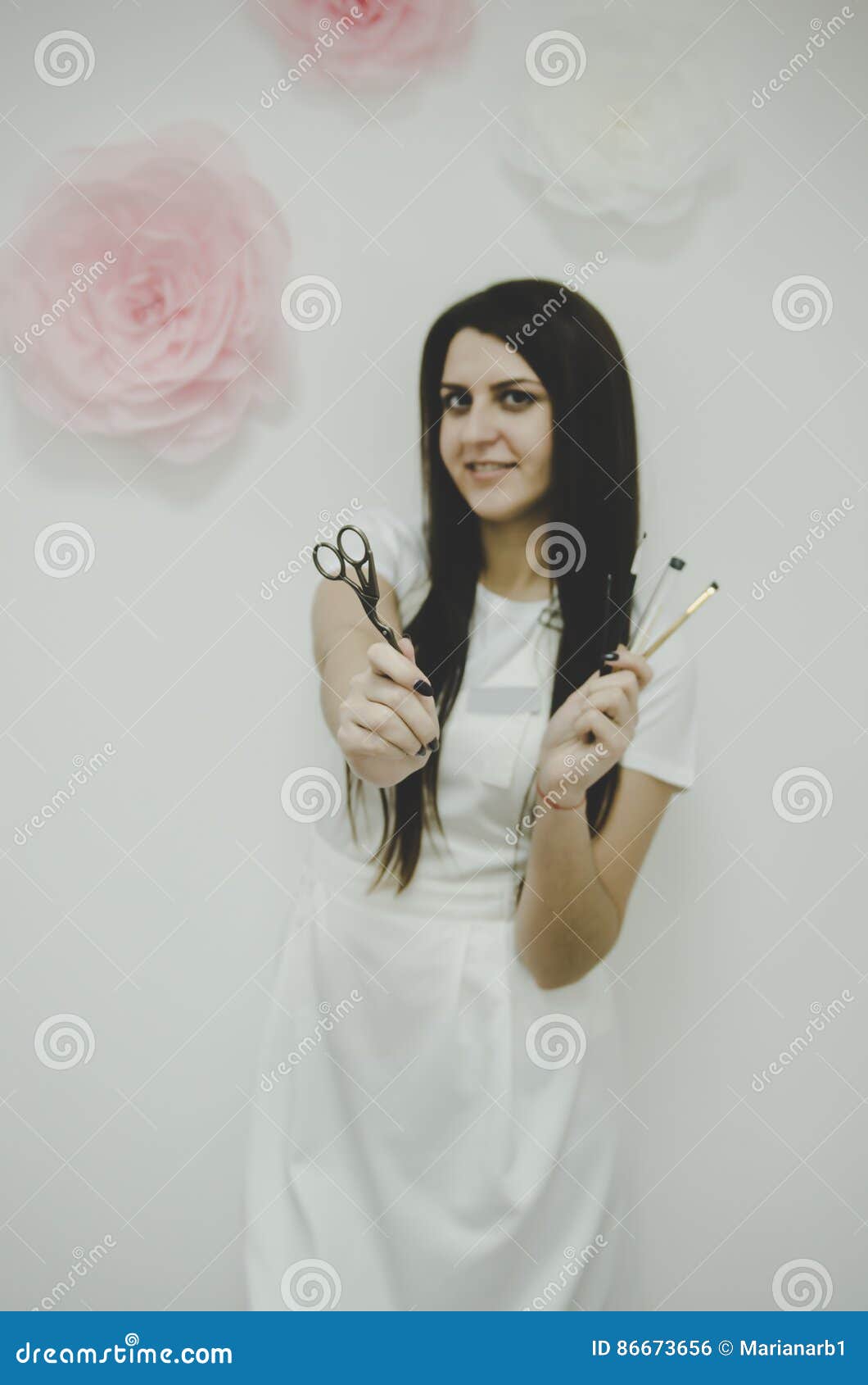 Woman Stylist Holding Scissors and Brushes Stock Photo - Image of adult ...