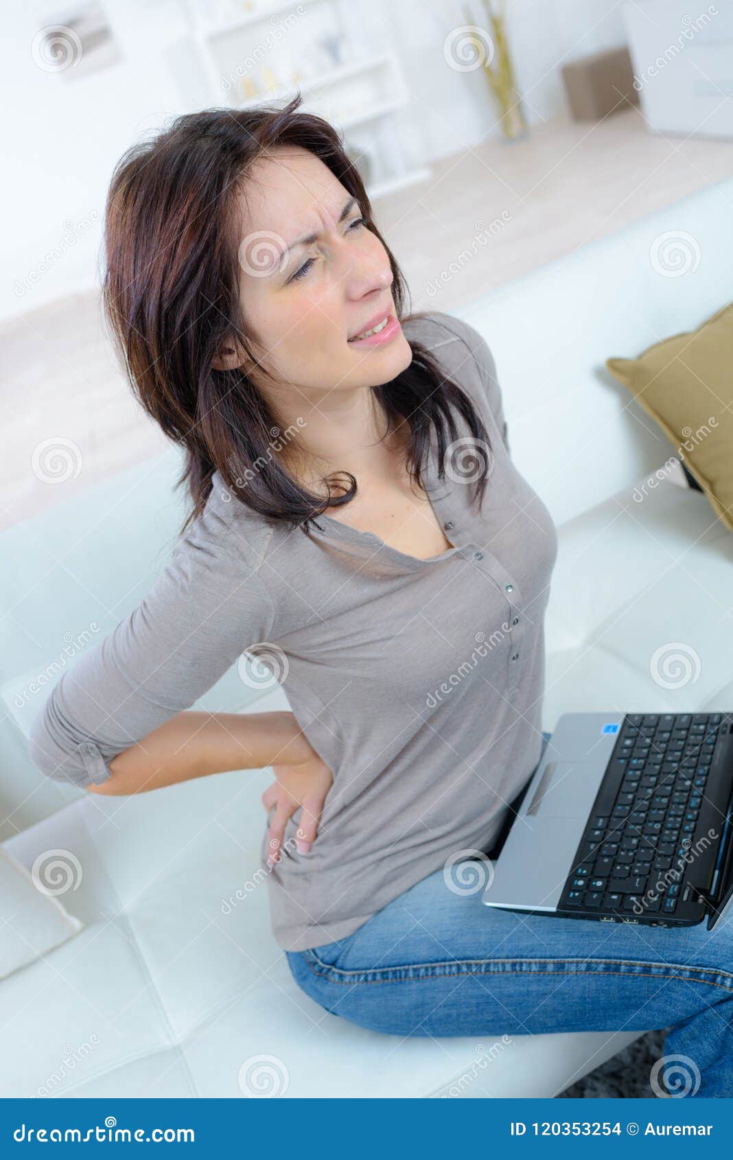 Woman suffering back ache stock photo. Image of inflammation - 120353254