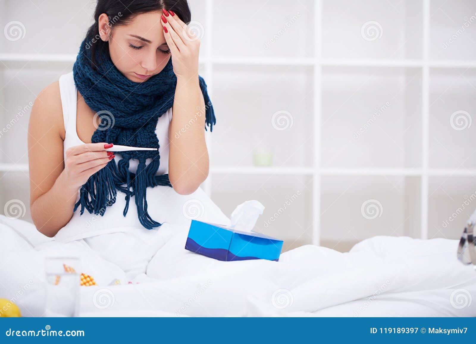 Woman Suffering from Cold Lying in Bed with Tissue Stock Image - Image ...