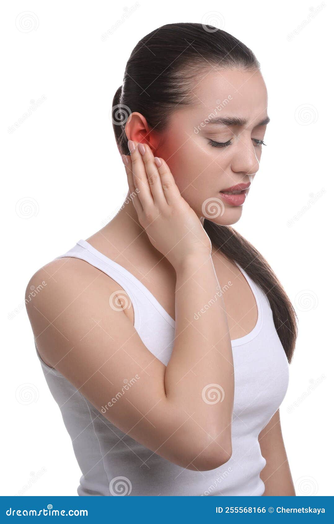 Woman Suffering from Ear Pain on White Background Stock Photo - Image ...