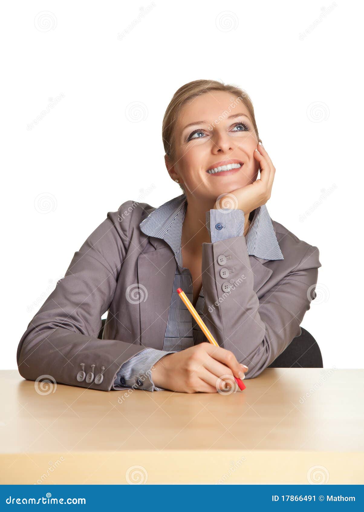 Woman in Suit Sitting at the Desk Stock Image - Image of blond ...