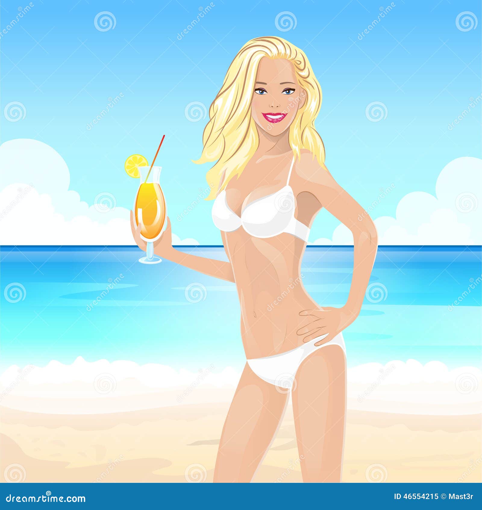 Woman on Summer Beach with Cocktail, Blonde Stock Vector - Illustration ... Woman on Summer Beach with Cocktail, Blonde Stock Vector - Illustration ...