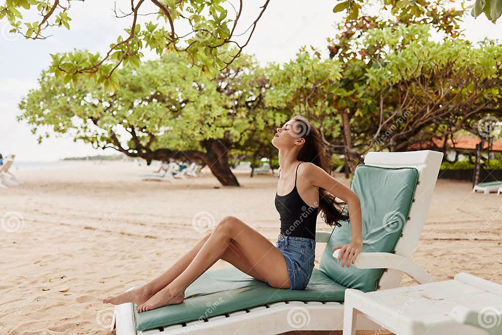 Woman Sunbed Travel Resort Lifestyle Beach Smiling Sea Lying Sand Ocean