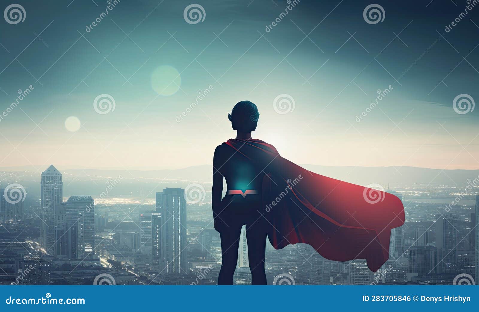 Woman with Superhuman Abilities Gazing at Cityscape Creating Using ...