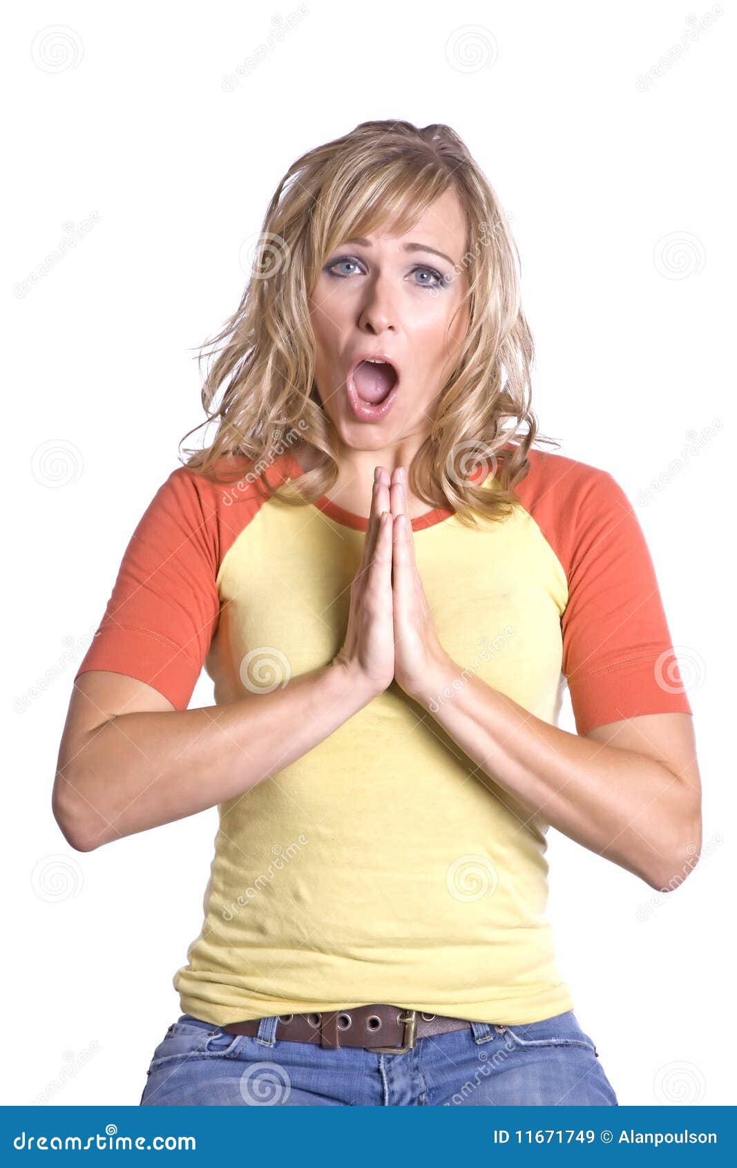 Woman with Surprised Expression and Hands Togther Stock Image - Image ...