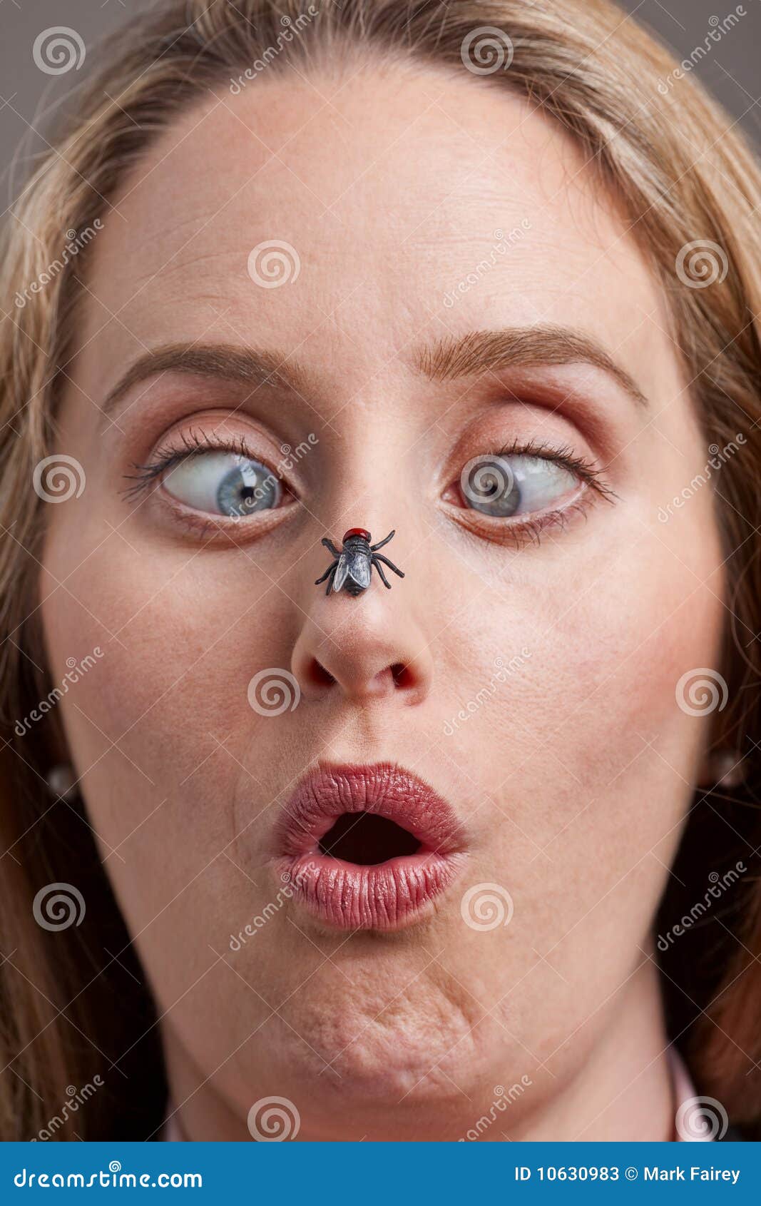 Woman Surprised by Fly on Her Nose Stock Image - Image of person, shock ...