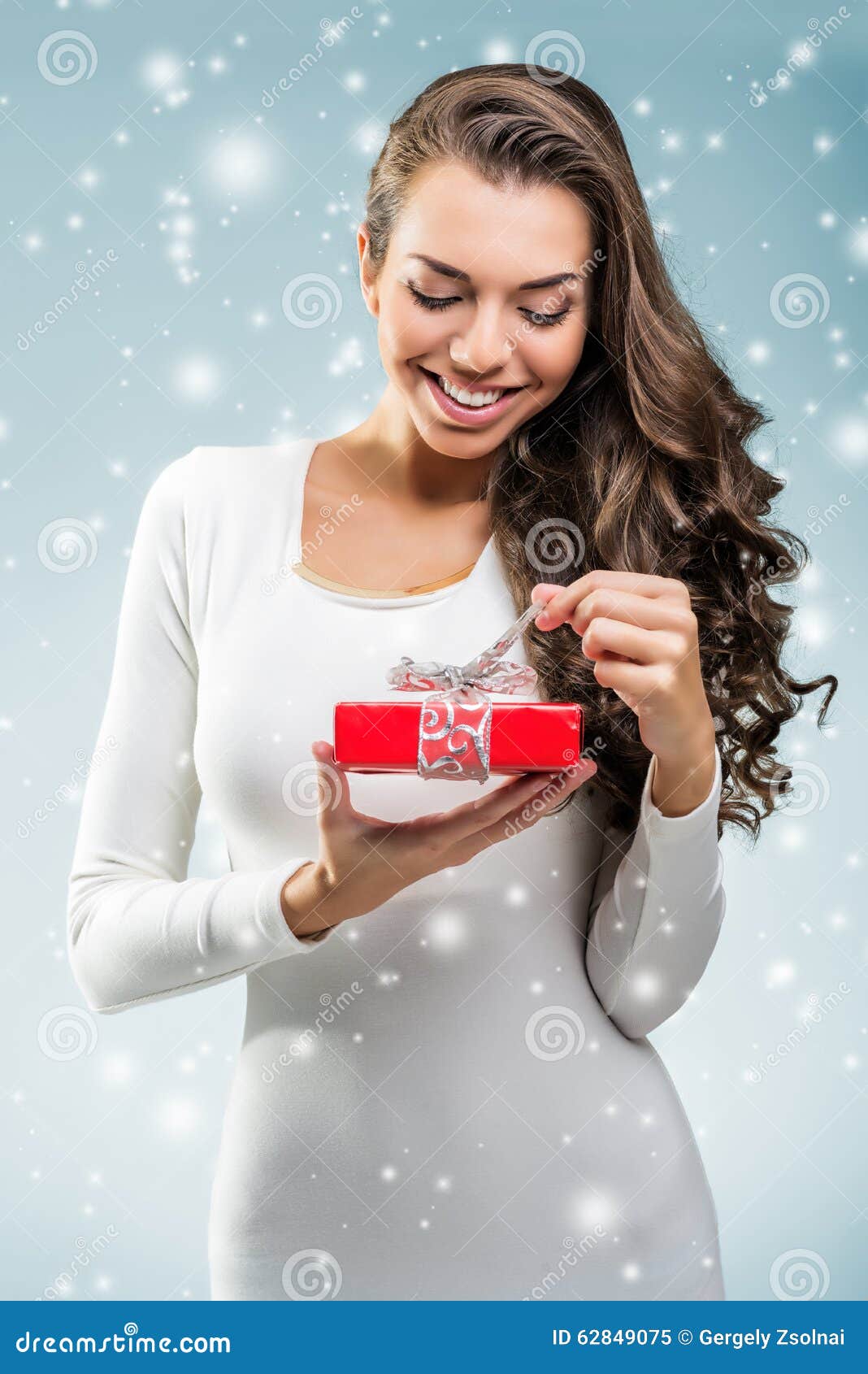Woman Surprised Holding a Red Gift Box Stock Image - Image of beautiful ...