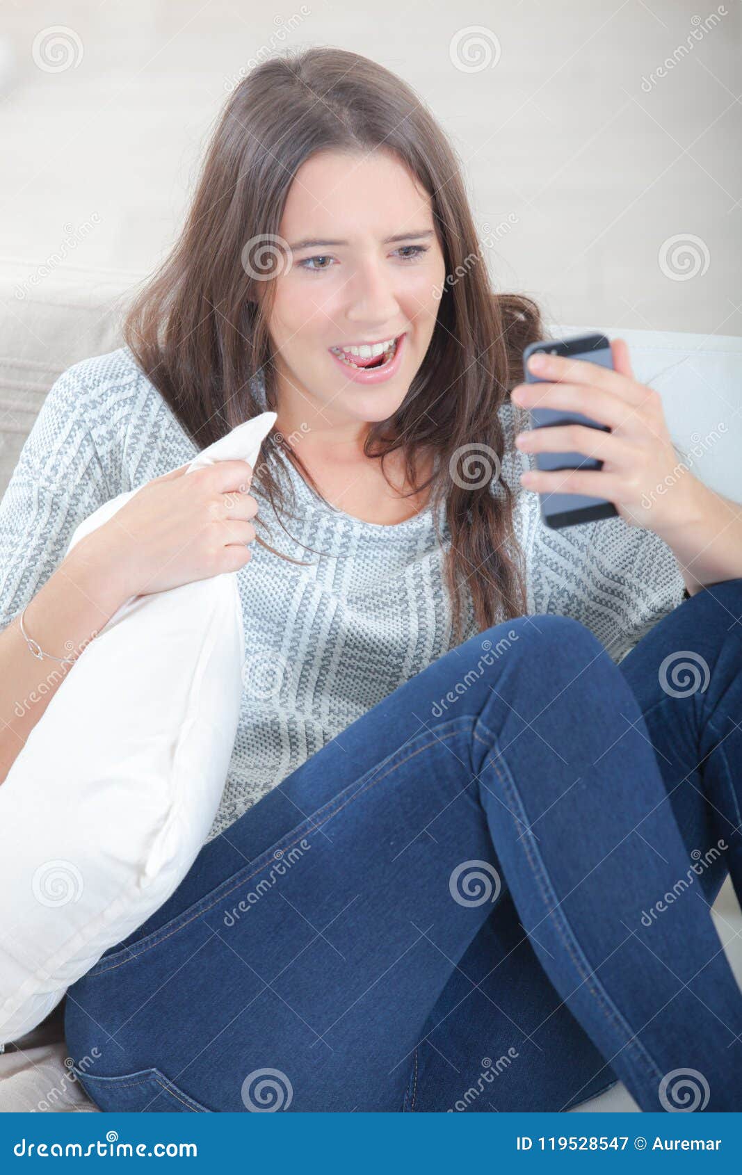 Woman Surprised By Text Message Stock Image Image Of Looking Young