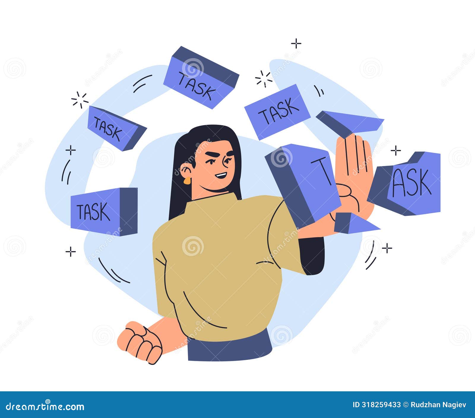 Woman Surrounded by Flying Task Blocks, Flat Graphic Style, on a White ...