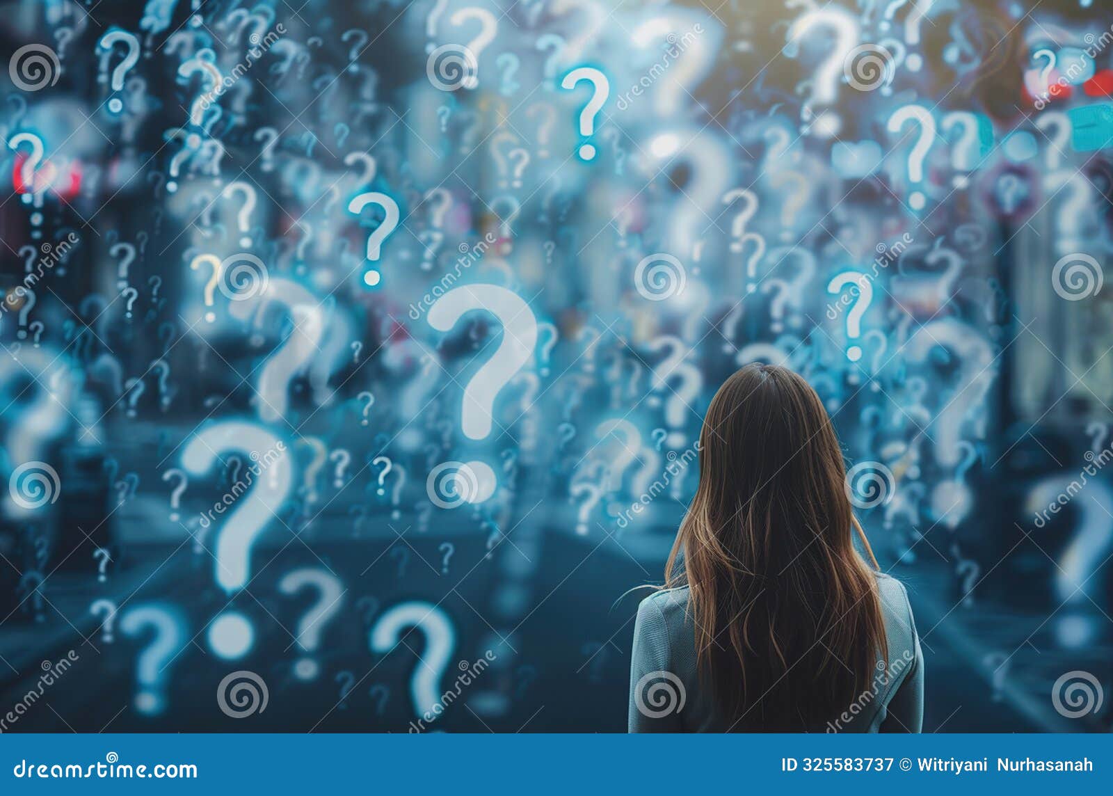 Woman Surrounded by Questions in Urban Setting Stock Illustration ...