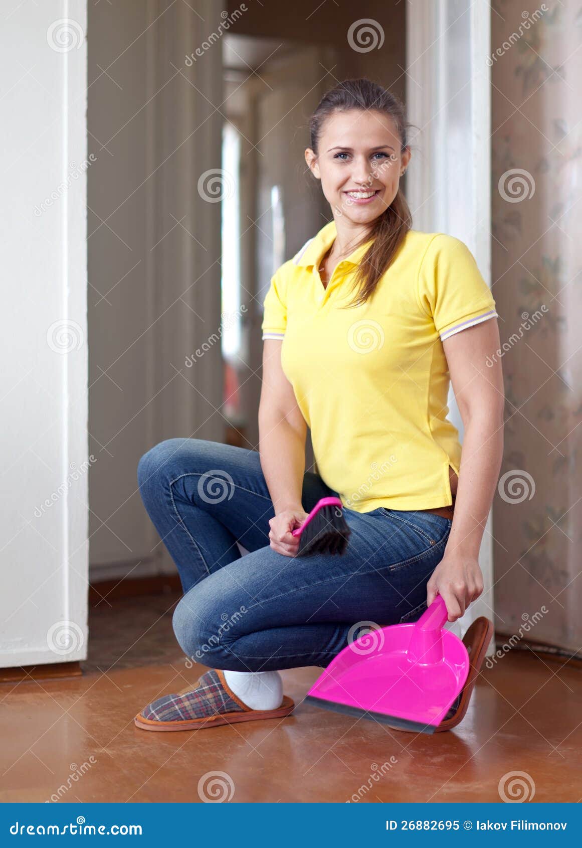 Woman sweeping the floor stock image. Image of room, house - 26882695