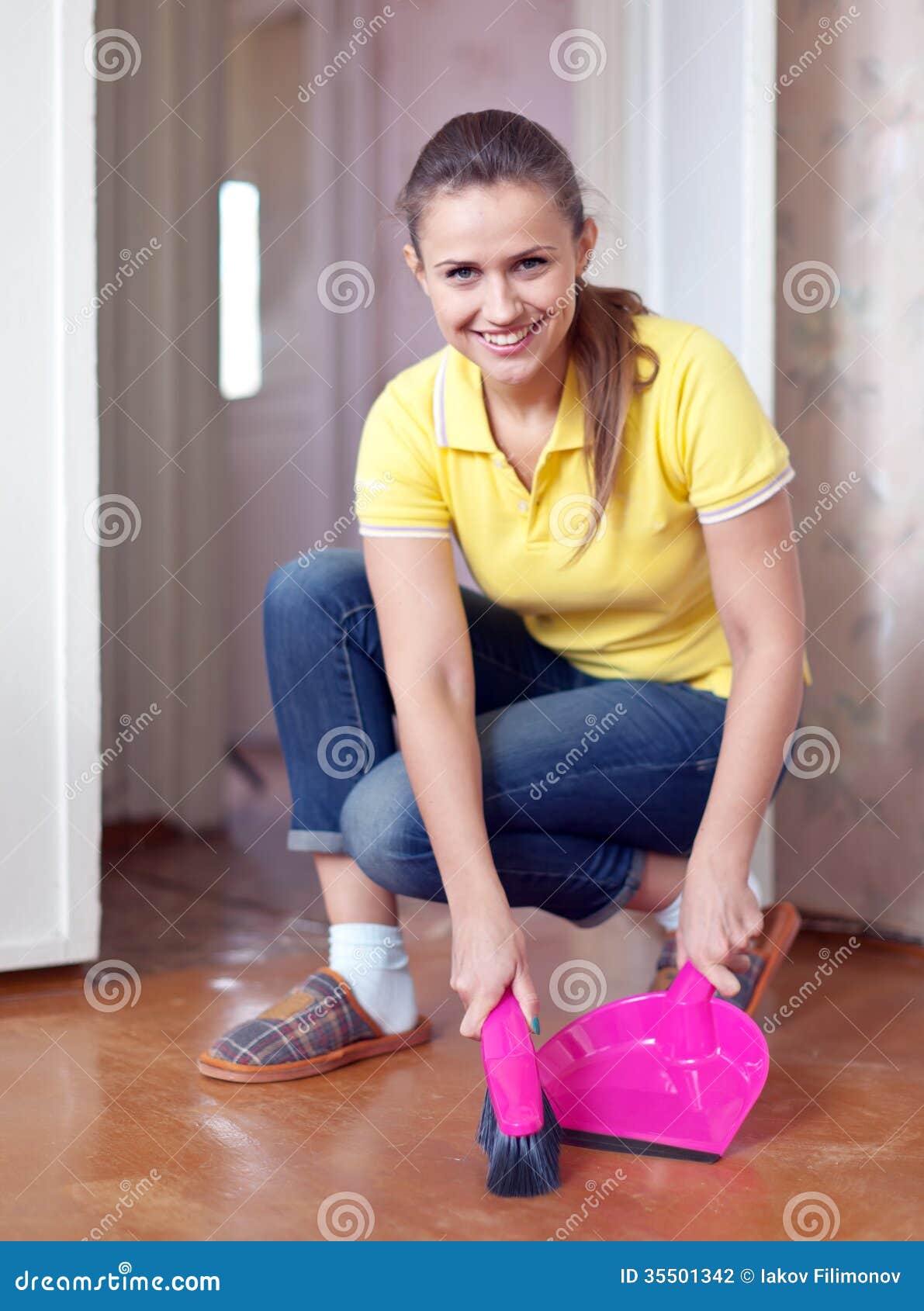 Woman sweeping the floor stock photo. Image of cheerful - 35501342