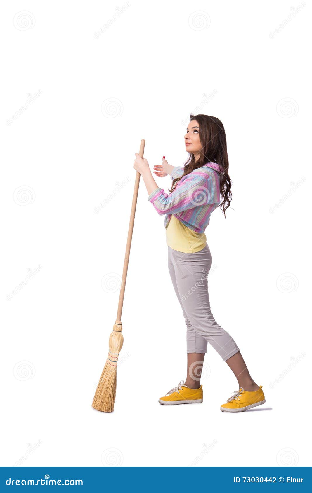 The Woman Sweeping Floor Isolated on White Stock Photo - Image of ...